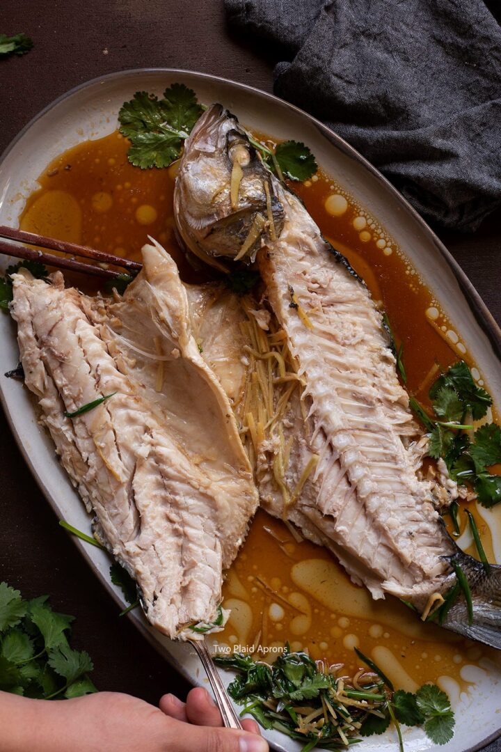 Chinese Steamed Whole Fish with Ginger and Scallion | Two Plaid Aprons