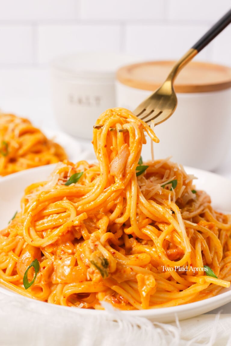 Creamy Kimchi Pasta | Two Plaid Aprons