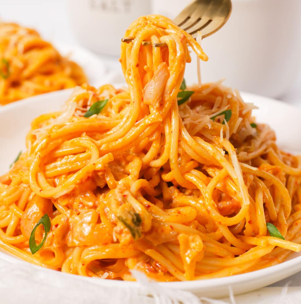 Creamy Kimchi Pasta | Two Plaid Aprons
