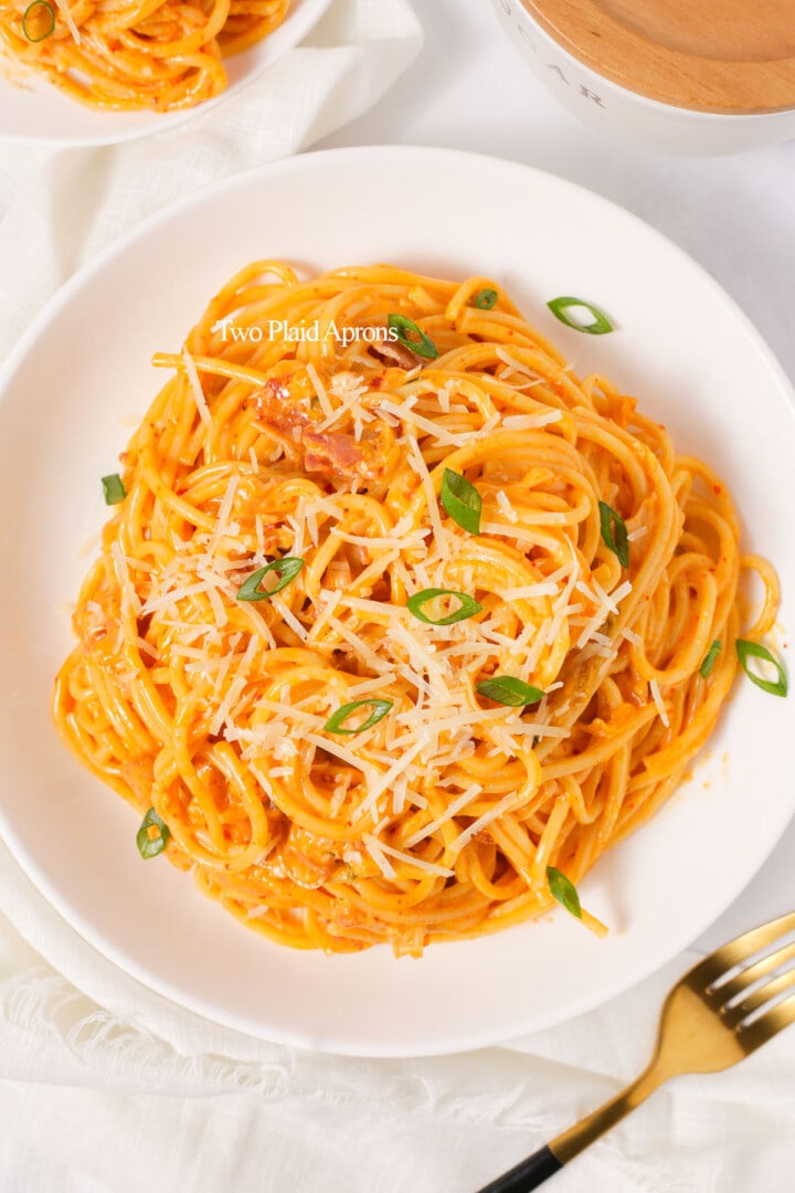 Creamy Kimchi Pasta | Two Plaid Aprons